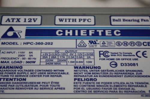 Chieftec HPC-360-202 360W Ball Bearing Fan ATX PSU Power Supply