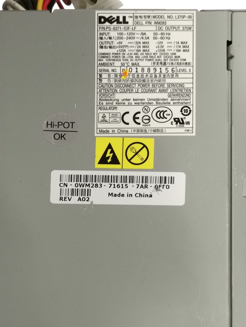 Dell L375P-00 PS-6371-1DF-LF P8401 WM283 375W Power Supply